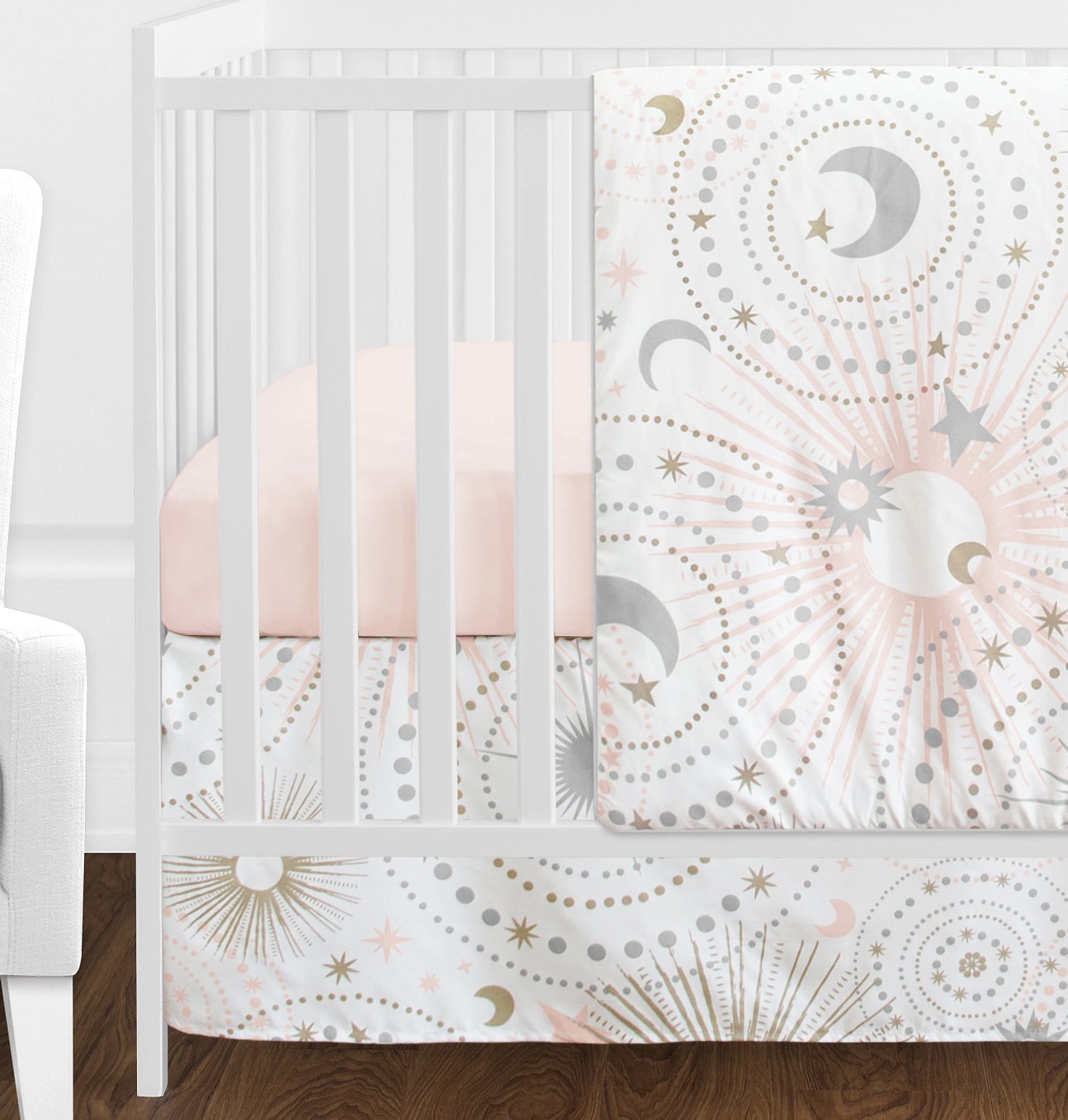 11 pc. Blush Pink, Gold, Grey and White Star and Moon Celestial Baby Girl Crib Bedding Set by Sweet Jojo Designs