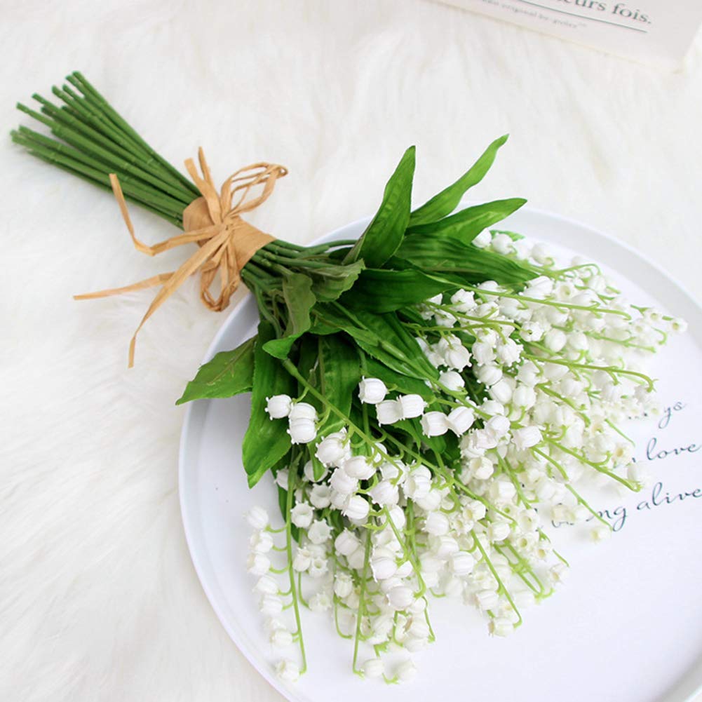 12 Pcs Lily of The Valley, Artificial Faux White Bell Flowers Wind Chime Orchid Wedding Bouquet May Flower for Home Garden Wedding Party Decor