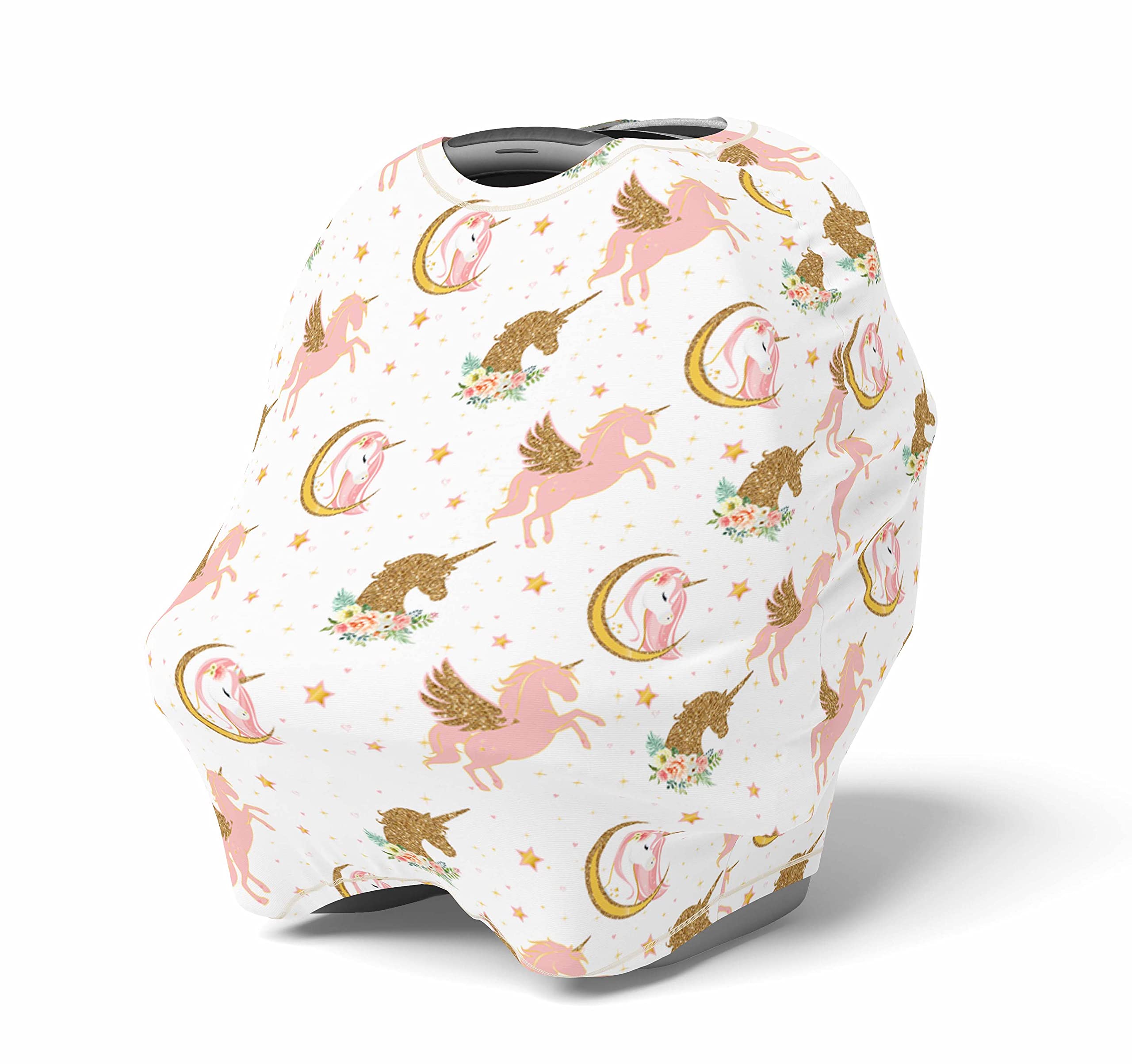 YayaTete Stretchy Multi Use Cover Unicorn Car Seat Canopy Nursing Breastfeeding Cover Up Shopping Grocery Cart High Chair Covering Baby Girl Pink and Gold Stars Nursery Decor, black, white, one size