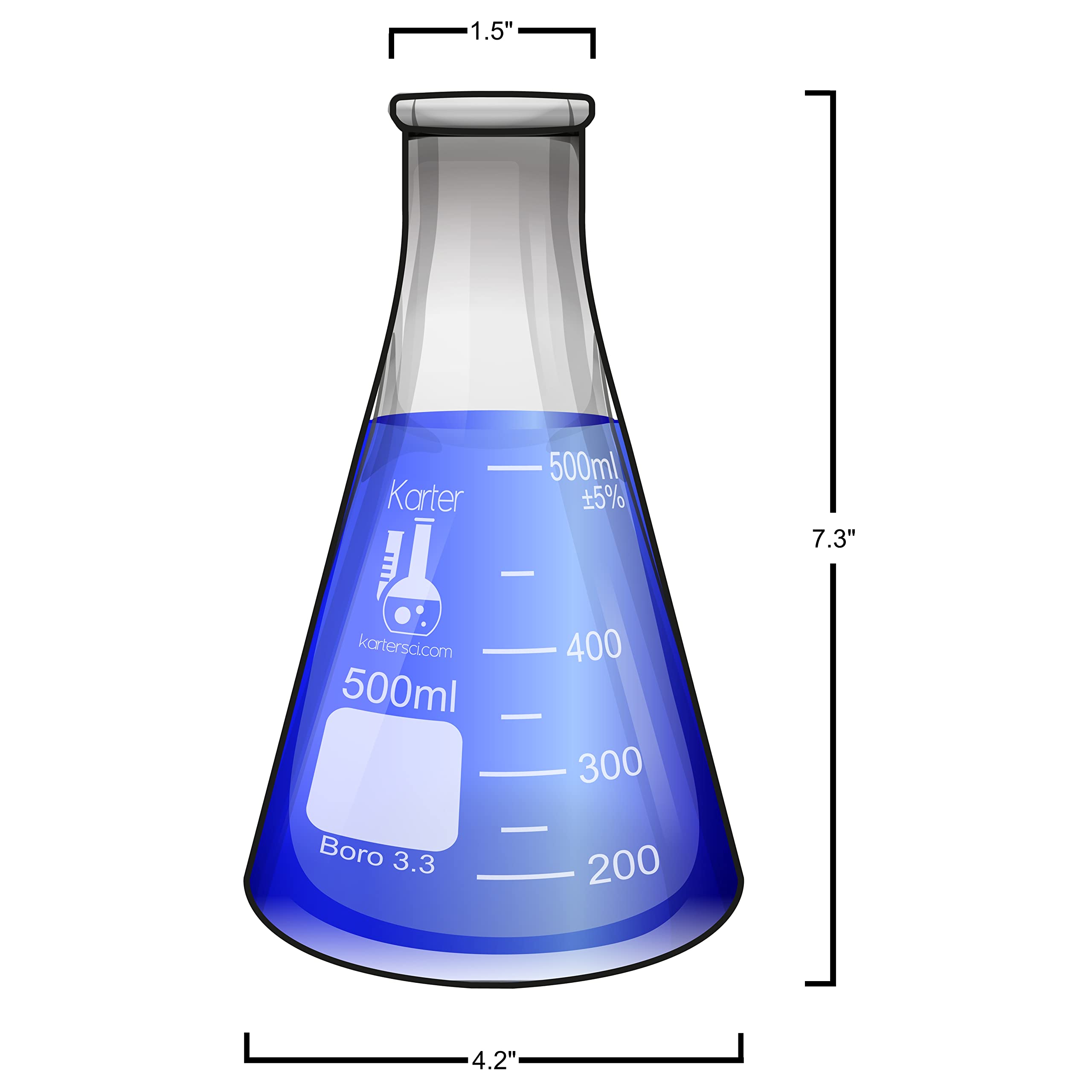 500ml Narrow Mouth Erlenmeyer Flask, 3.3 Borosilicate Glass, Karter Scientific 223M1 (Pack of 2)