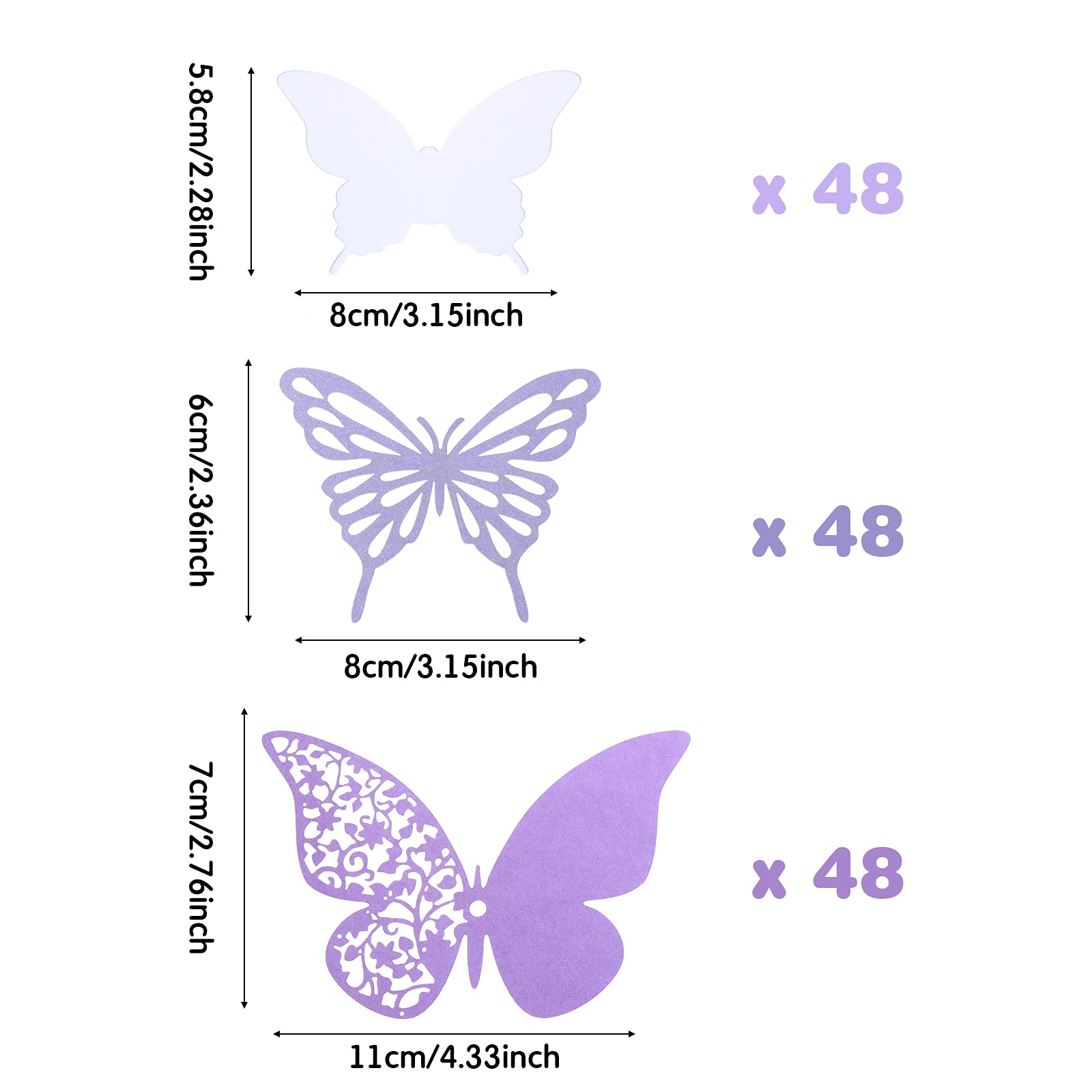 144 Pieces 3D Butterfly Wall Stickers Decor Butterfly Decals DIY Decorative Wall Art Cutouts Crafts Removable for Room Wedding Flower Party Decorations, 3 Styles (White, Light Purple, Dark Purple)