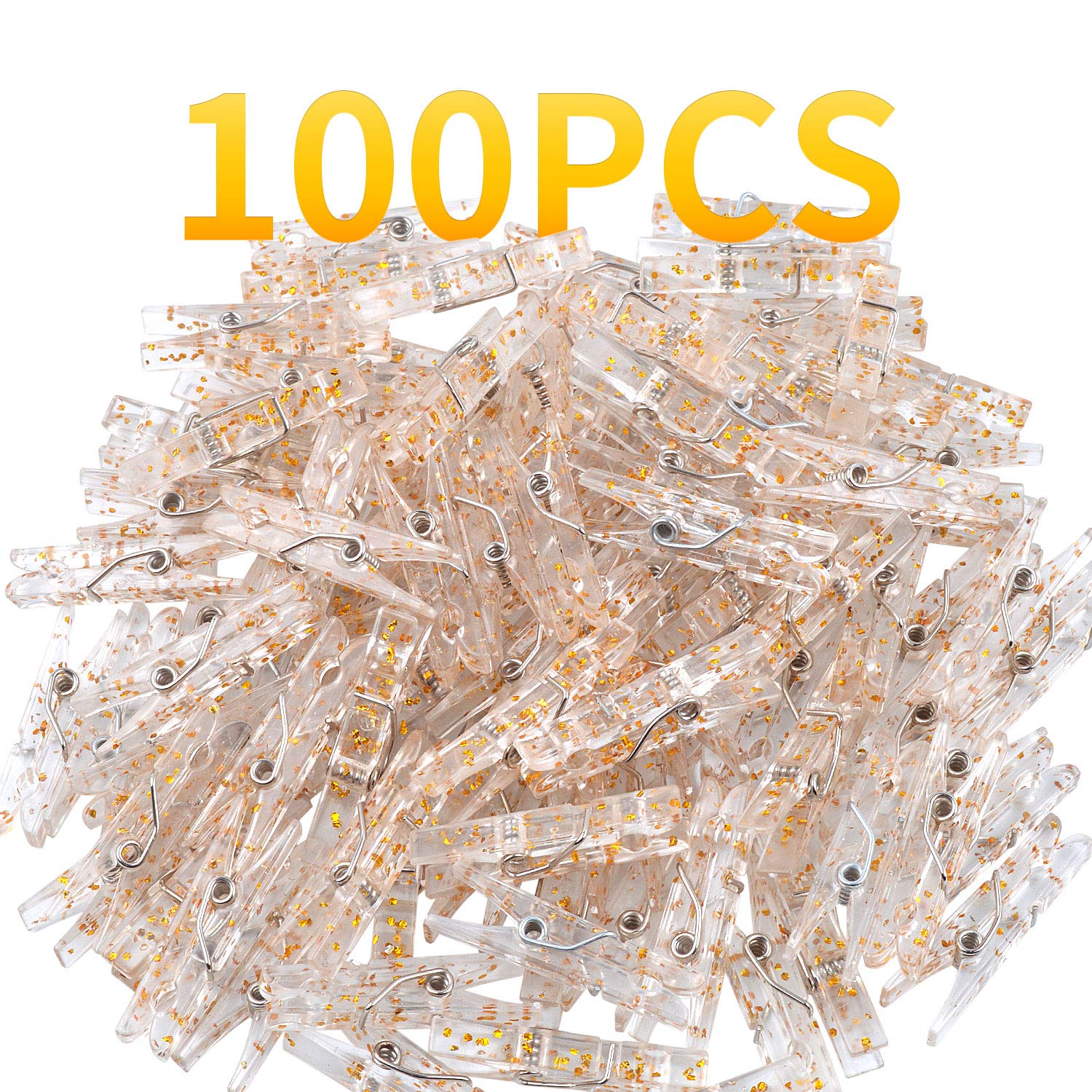 100 Pieces Clear Plastic Utility Paper Clip, Photo Paper Peg Pin, Clothes Line Clips, Craft Clips, 3.5 x 0.5cm x 0.7cm (Gold Glittered)