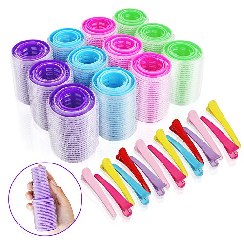 36 Pcs Self Grip Hair Roller Set in 3 Sizes and 15 Pcs Plastic Duck Teeth Bows Hair Clips, Self Holding Rollers Salon Hairdressing Curlers for Hair Styling (44mm + 36mm + 25mm)