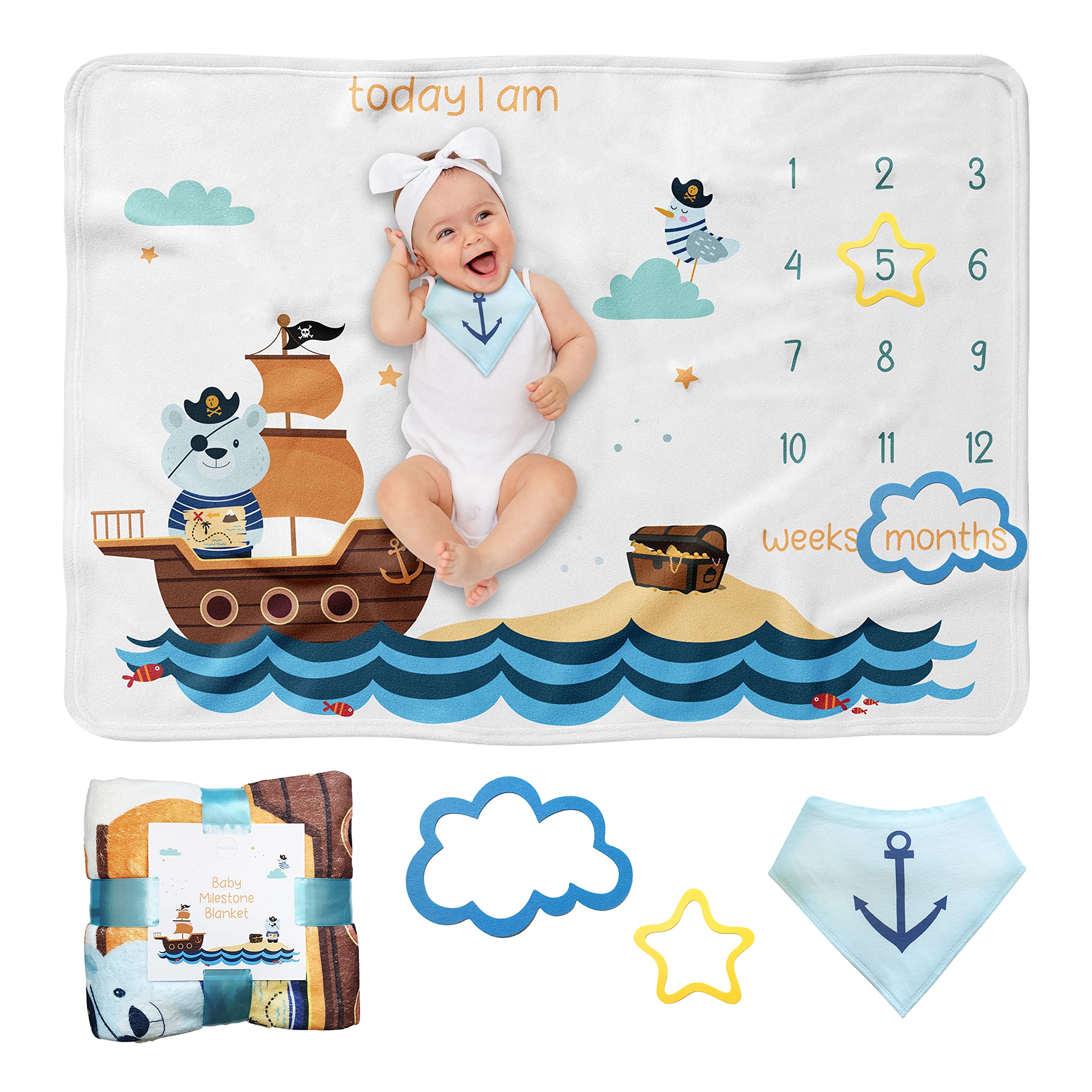 Baby Monthly Milestone Blanket for Baby Boy- Newborn Month Growth Chart Photo Blanket- Baby First Year Calendar- Great