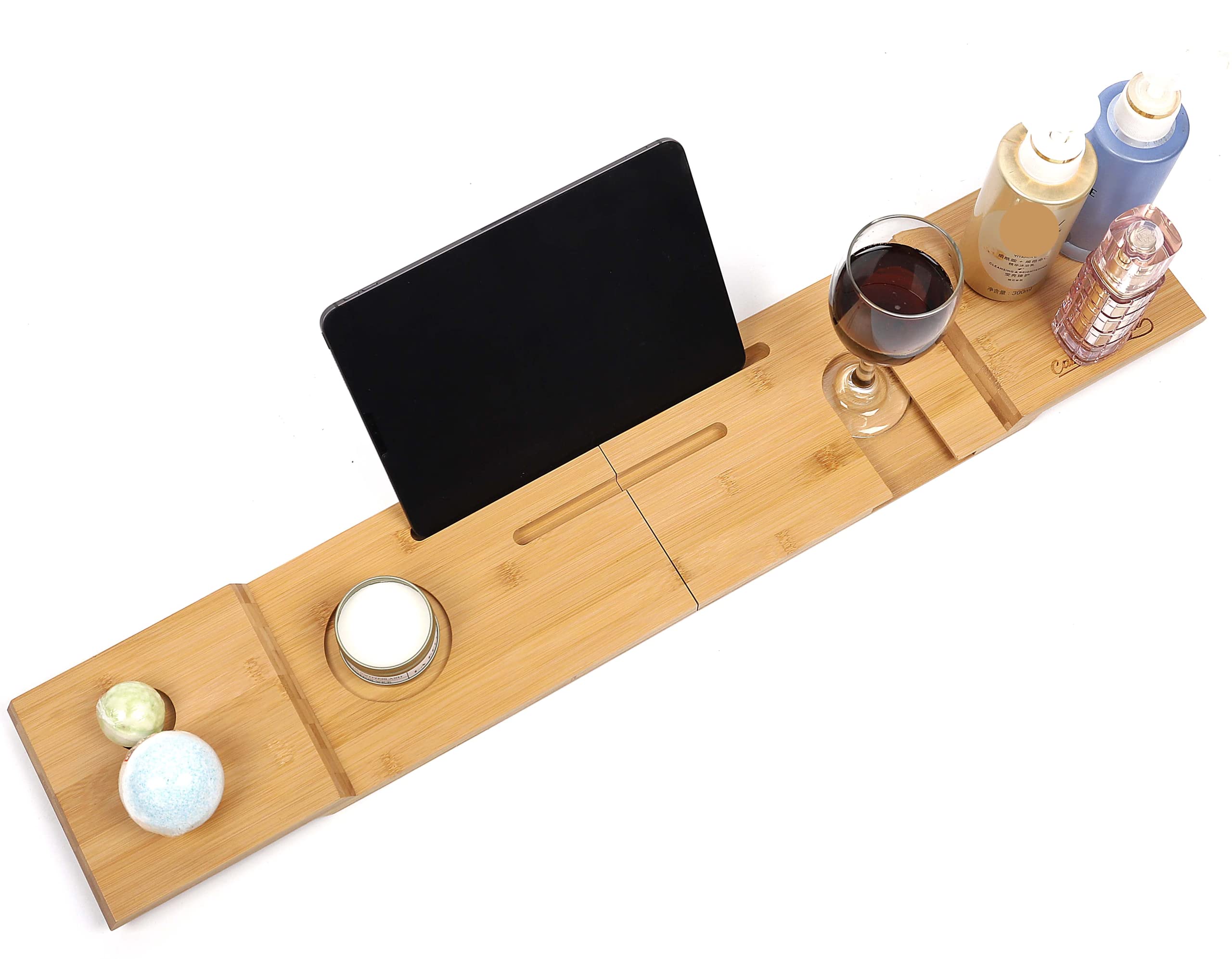 Cabot & Carlyle Luxury Bath Caddy Tray for Tub | Bath Table | Premium Bamboo Bathtub Tray for Tub | Fits All Bath Accessories Wine Glass, Books, Tablets, Cellphones, Shampoo | Bath Shelf Foldable.