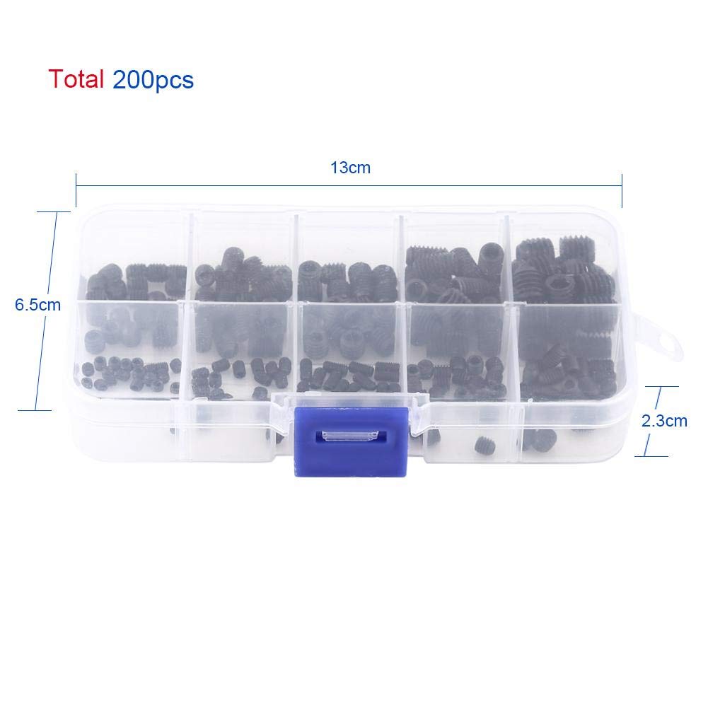 Screw Cup Assortment, Alloy Steel Hex Socket Head Grub Set Screw Cup Point Assortment Kit Insert Tools M3/M4/M5/M6/M8 200pcs with Box