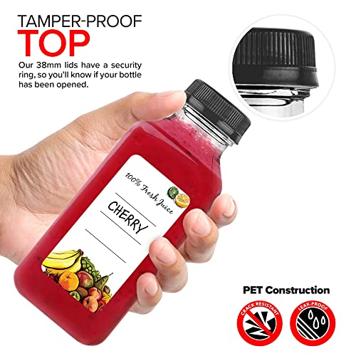 12 oz Plastic Bottles with Caps (100 pack) - Reusable Clear Empty Juice Bottles - 12 Oz Drink Containers for Mini Fridge, Juicer Shots - Mini Water Bottles - Include Labels, Brush & Funnel