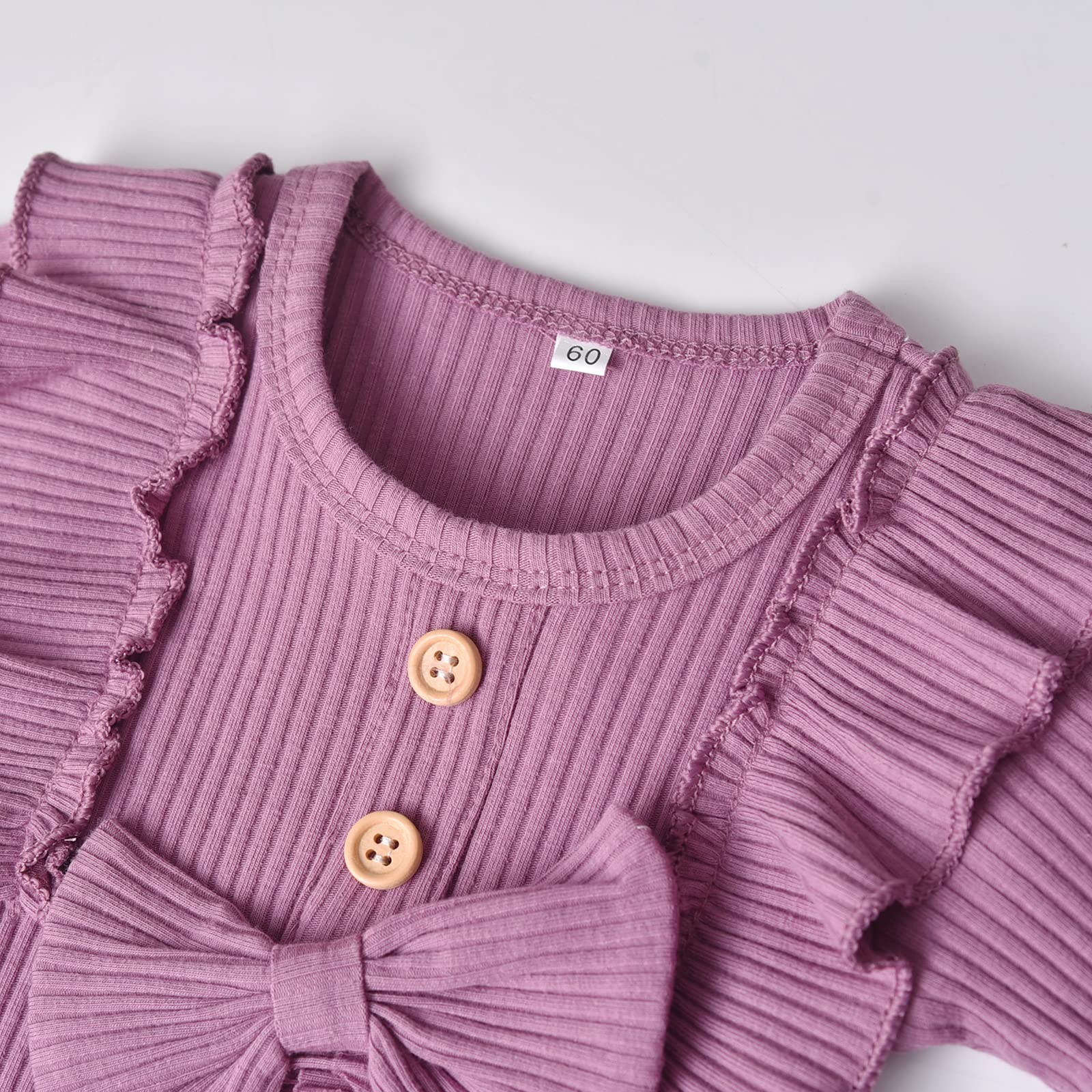 Kulcerry Newborn Infant Baby Girl Clothes Solid Color Bow Ribbed Long Sleeve Romper Pants Headband Outfits Set (Purple,Newborn)