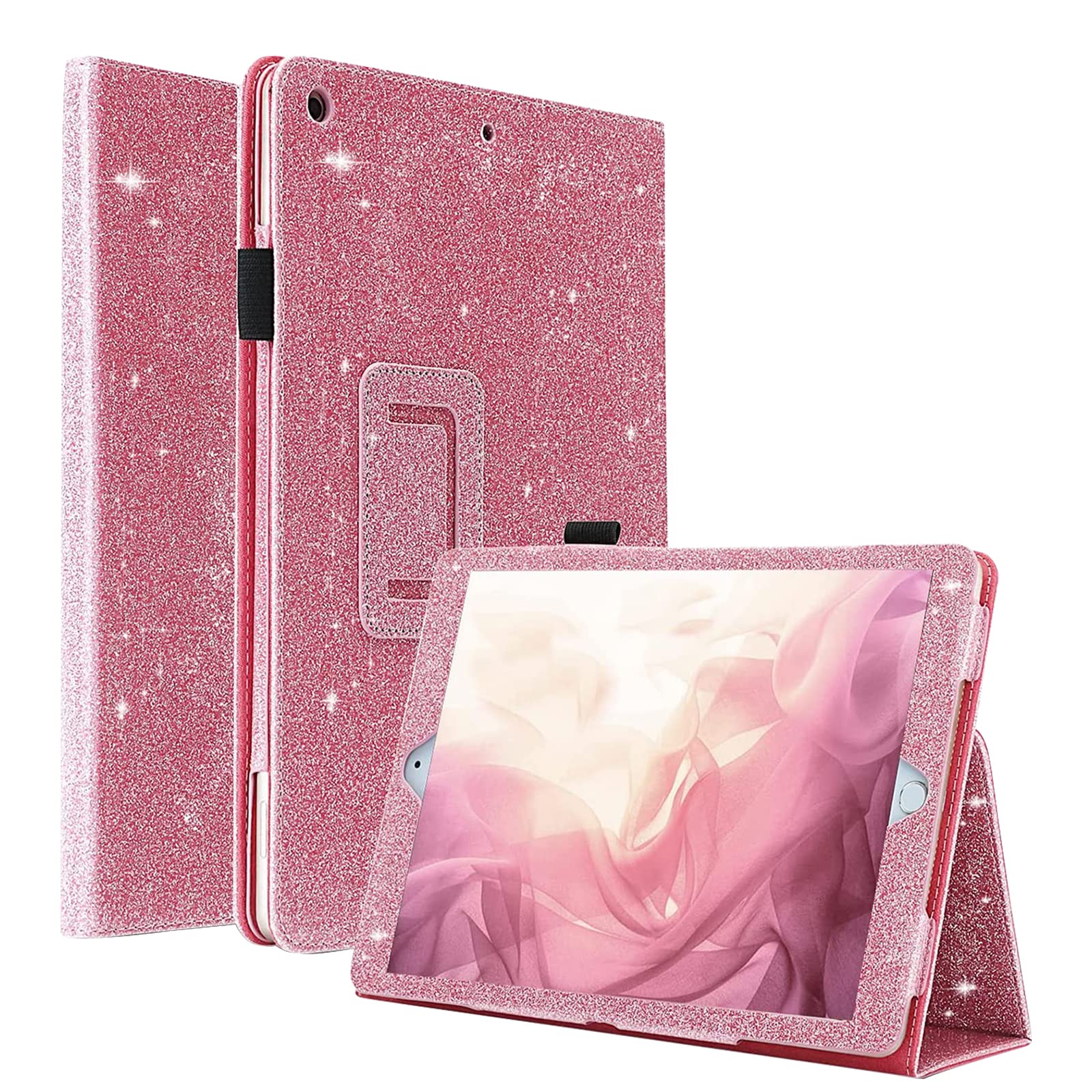 CLARKCAS Case for iPad 9th Generation Case 2021/iPad 8th Gen 2020/iPad 7th Gen 2019 Glitter Leather Girls Protective Cover with Pencil Holder Stand for iPad 9/8/7 Gen 10.2 inch 2021/2020/2019 Pink