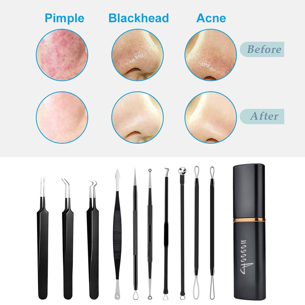 Pimple Popper Tool Kit, Aooeou 10 Pcs Professional Blackhead Extractor with Metal Case - Easy Removal for Pimples, Blackheads, Zit Removing, Forehead and Nose(Black)