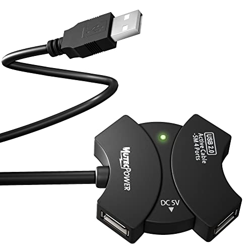 MutecPower 16.5 ft (5m) USB 2.0 Active Extension Cable with 4-Port USB Hub and extention chipset - USB Male to Female Cord/Repeater Cable 16.5 Feet Black