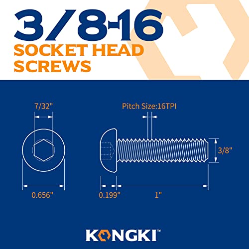 3/8-16 x 1" Button Head Socket Cap Bolts Screws, 304 Stainless Steel 18-8, Allen Hex Drive,Fully Machine Thread, Bright Finish, 15 PCS