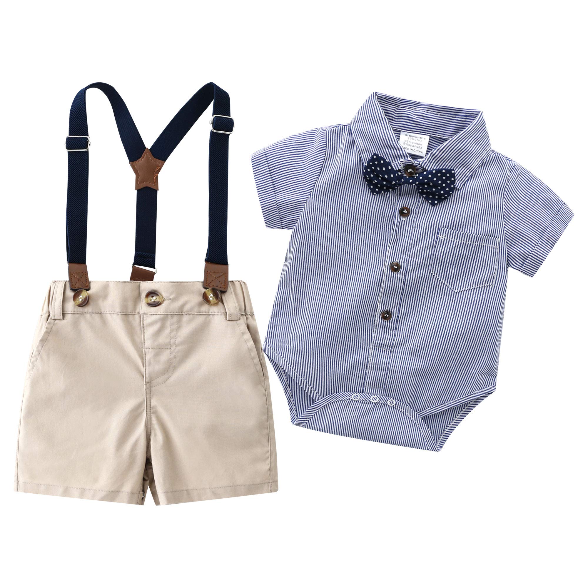 Baby Boys Gentleman Outfits Suits, Infant Short Sleeve Shirt+Bib Pants+Bow Tie Overalls Clothes Set,6-9M
