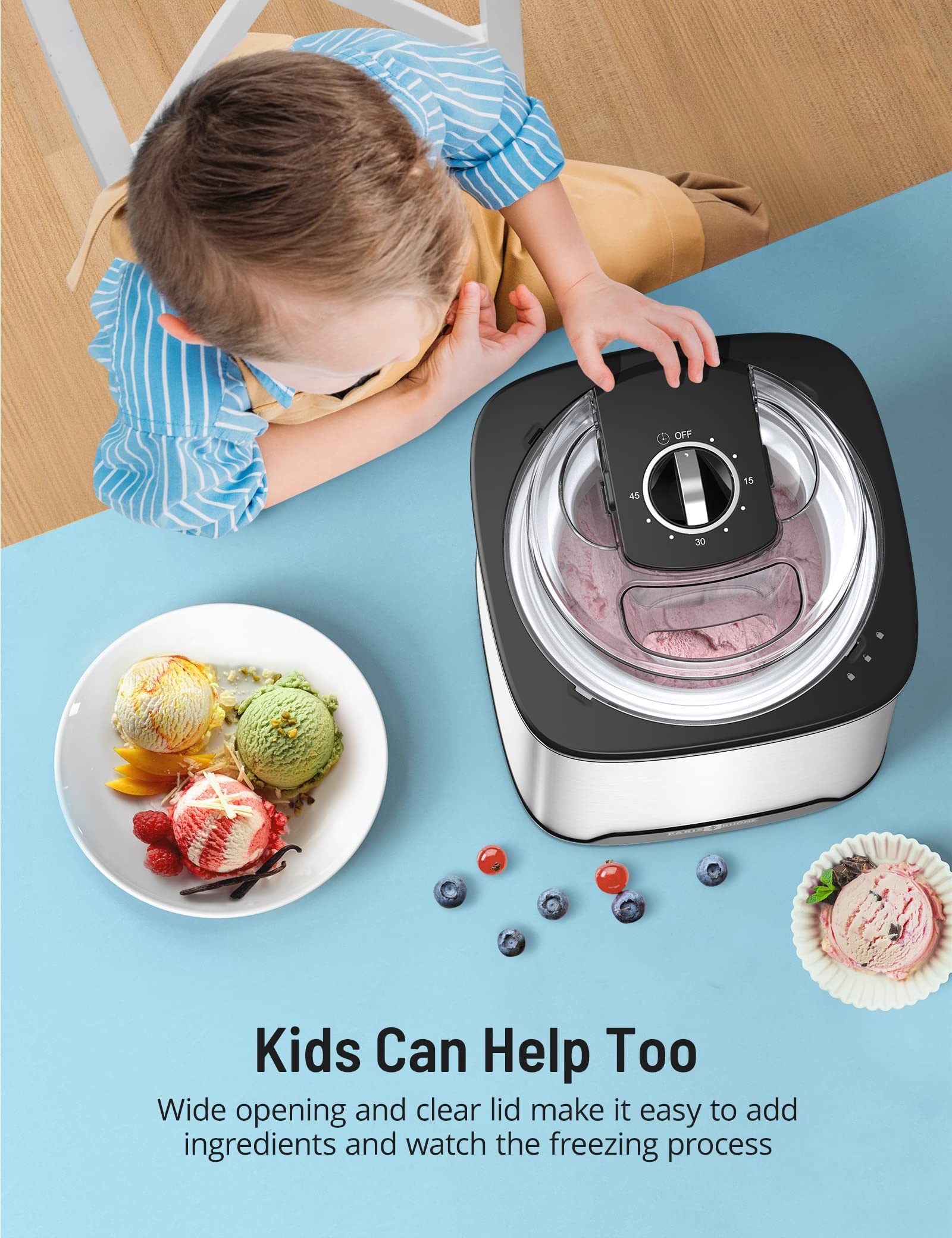 2.1 Quart Ice Cream Maker, Paris Rhône Automatic Homemade Electric Ice Cream Maker Machine for Countertops with Freezer Bowl, Spatula, Scoop, Measuring Cup for Frozen Yogurt, Creamy Ice Cream,
