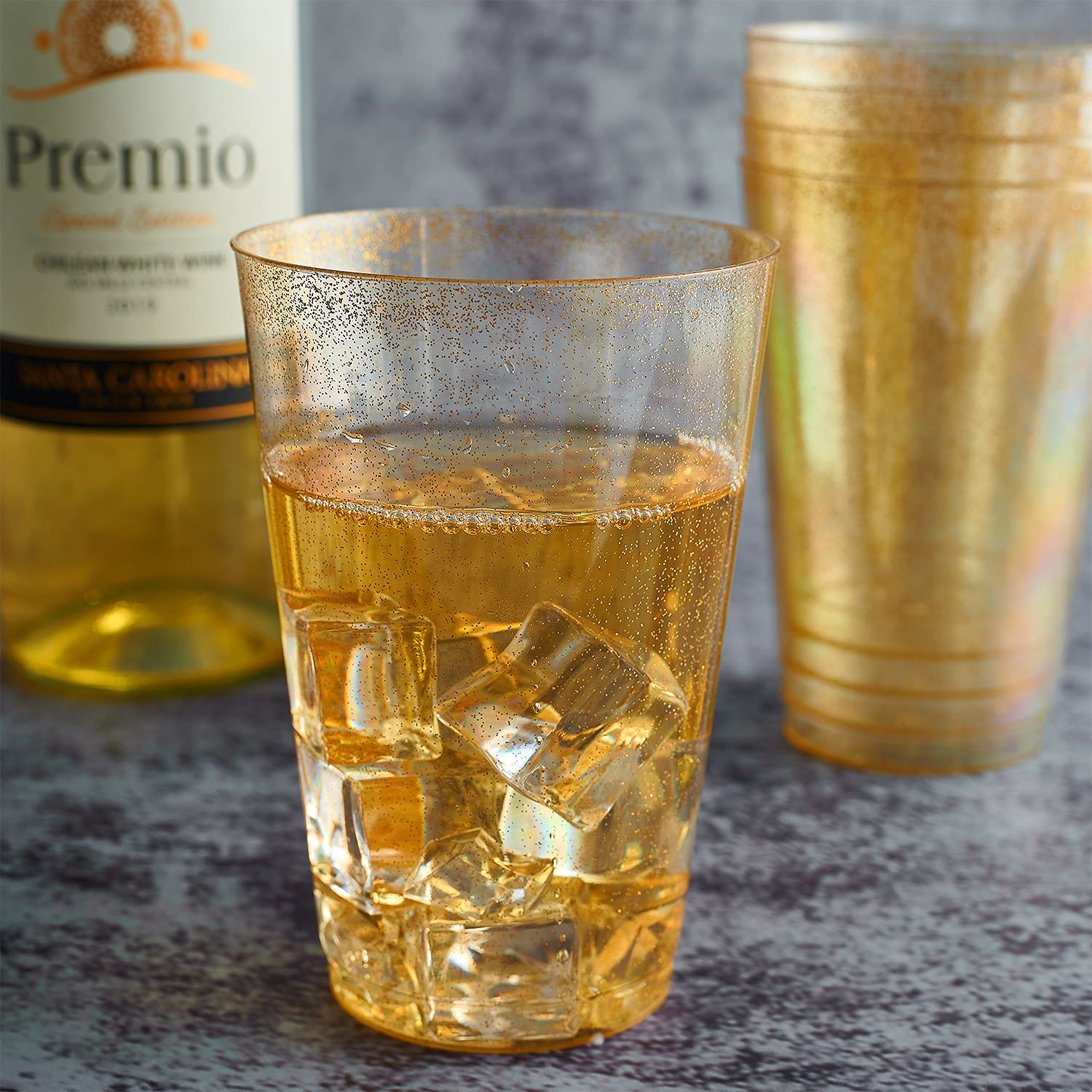 100 Pack 12oz Gold Glitter Plastic Cups, POPOPUL Disposable Cups Heavy Duty Plastic Cups Tumblers, Reusable Clear Hard Plastic Cups for Wedding, Halloween, Thanksgiving, Christmas Party