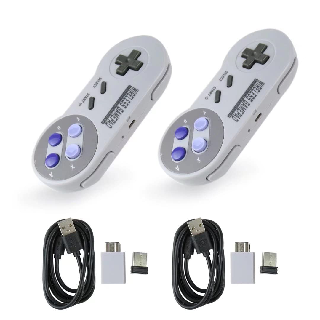 2 Packs Wireless Controller 2.4GHz for SNES/NES Classic Mini Edition, Plug & Play Retro Gamepad with USB Receiver Joystick Rechargeable Super-NES Game Controllers for PC/Windows/iOS/ Android