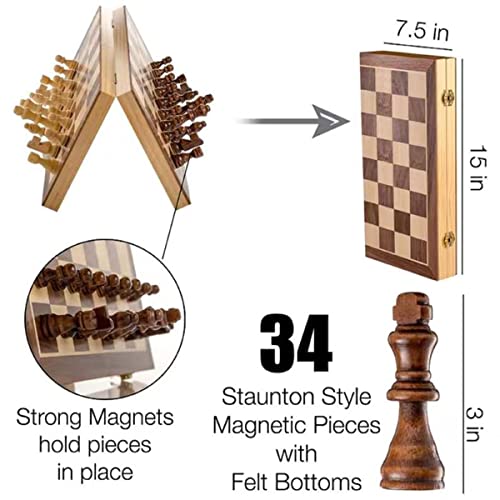 15'' Magnetic Wooden Chess Set Folding Board, Handmade Portable Travel Chess Board Game Sets with Game Pieces Storage Slots Beginner Chess Set for Kids and Adults - 2 Extra Queens