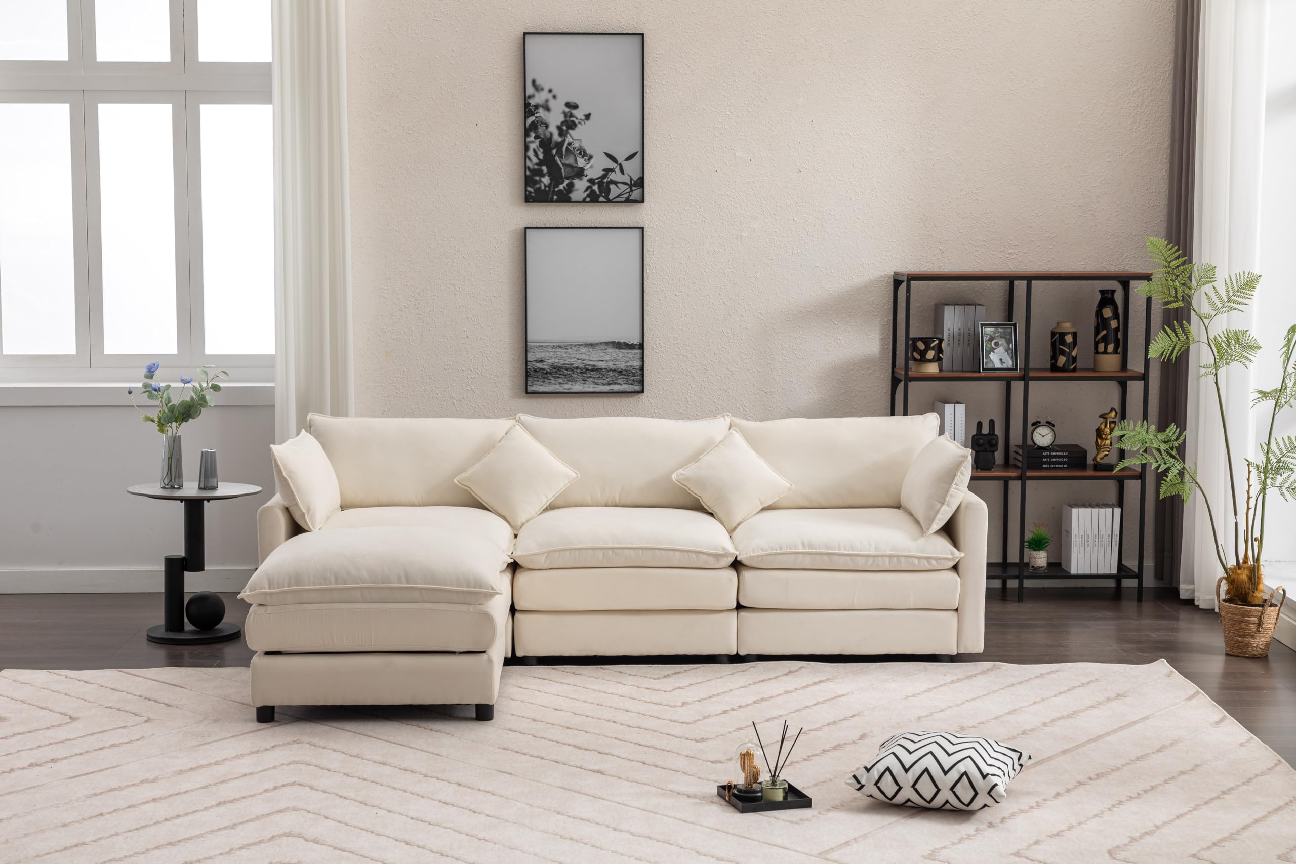 100" Modular Sectional Sofa L-Shaped, Modern Modular Sectional Cloud Couch 3-Seater Sofa with Movable Ottoman, Chenille Upholstered Cloud Couches for Living Room (Beige)