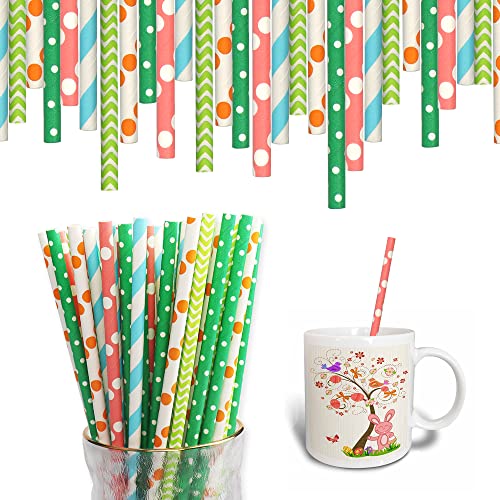 100PCS Rainbow Paper Straws Blue Strips Orange Dot Blue Strips Colorful Disposable Party Straws One-off Drinking Straws for Juices Beverages Shakes Eco-friendly Straw Easter Drink Party Favor Supplies