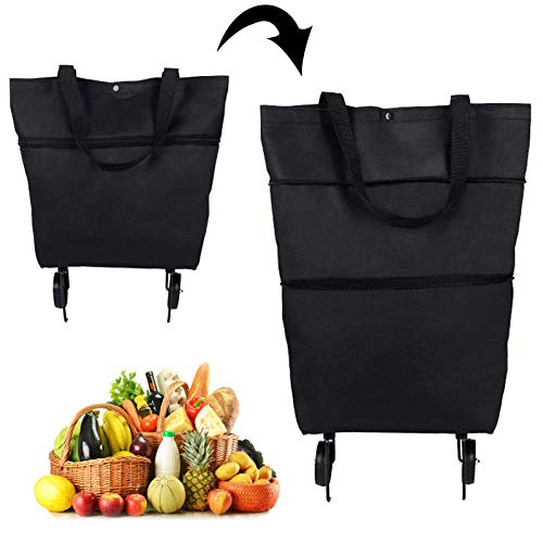 2 in 1 Foldable Shopping Cart,Collapsible Two-Stage Zipper Grocery Cart with Wheels Shopping Bag, Multifunction Telescopic Storage Bag for Traveling Shopping (Black)