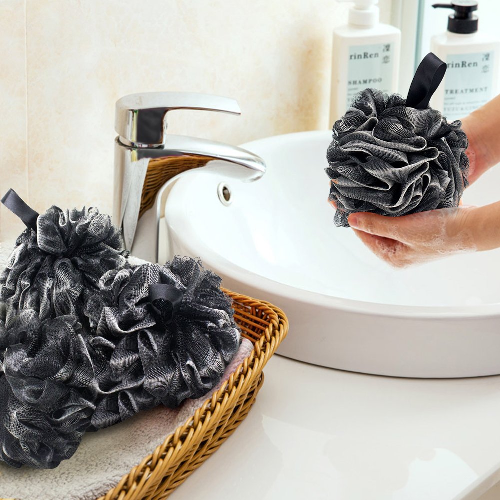 4 Packs Bath Loofahs-Eco-Friendly Carbonized Bamboo Bath Shower Sponge Mesh Pouf Loofahs Shower Ball Loofahs Bath Sponge-Exfoliate,Cleanse,Soothe Skin(60g/pcs)