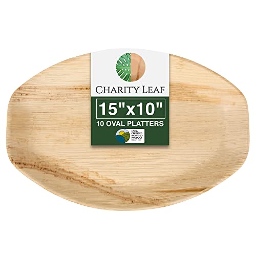 Charity Leaf Disposable Palm Leaf 15" x 10" Trays (10 pieces) Bamboo Like Serving Platters, Disposable Boards, Eco-Friendly Dinnerware For Weddings, Catering, Events