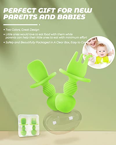 2 Pcs Baby Spoons Self Feeding 6 Months, Silicone Baby Spoons First Stage and Baby Fork, Toddler Utensils for Baby Led Weaning with 1 Case (Green))