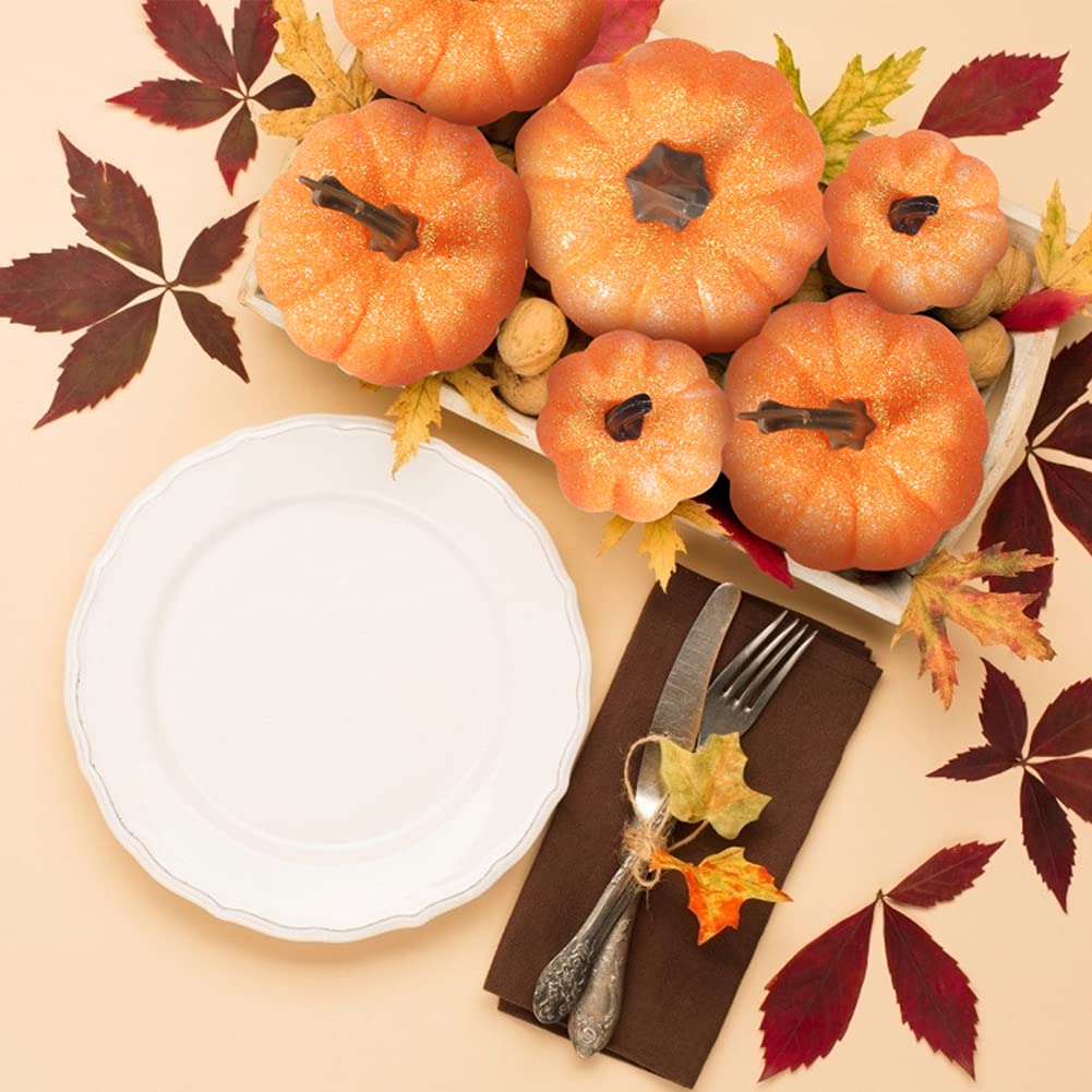 12 Pack Glitter Artificial Pumpkin for Fall Home Decor, Sparkly Fake Pumpkins Decorations, Thanksgiving Halloween Mantel Garden Fall Harvest Party Supplies