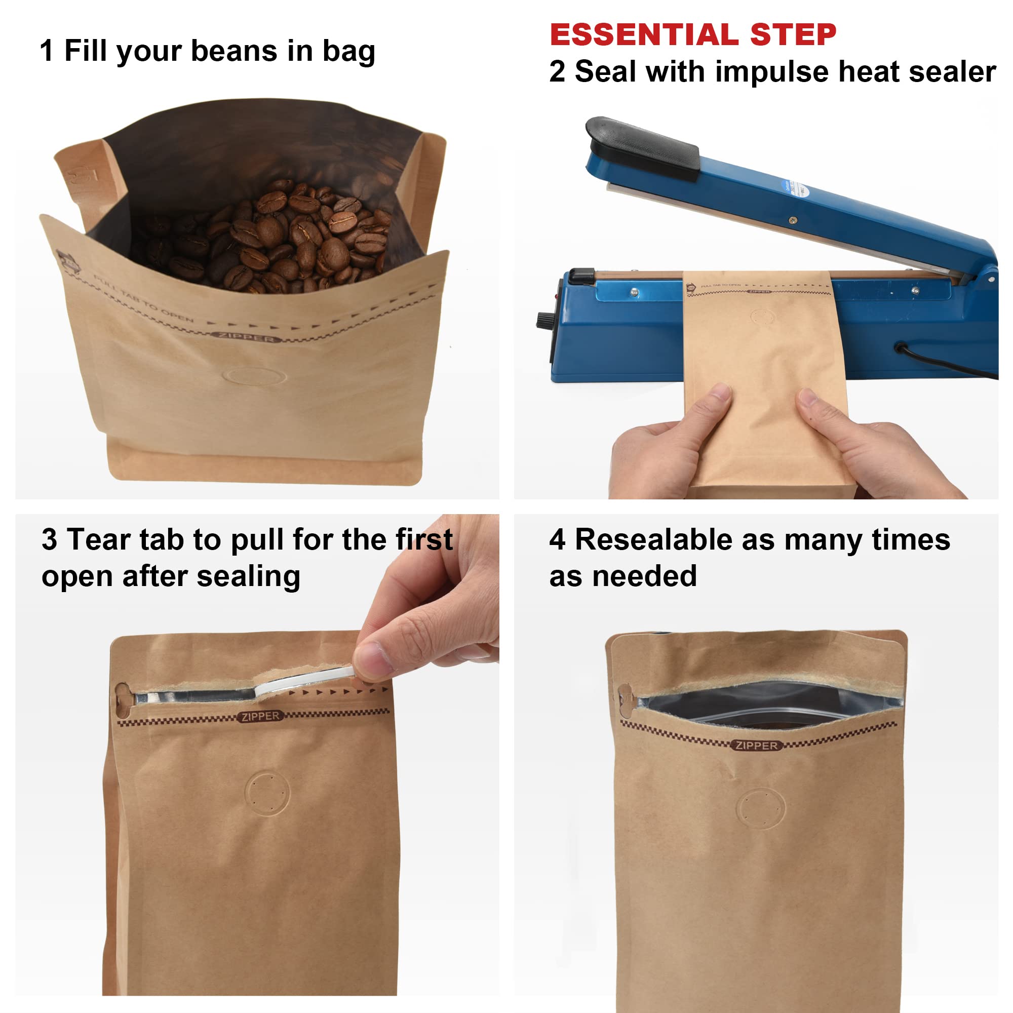 50 Pieces 16 Ounce Kraft Paper Stand Up Coffee Bag/Flat Bottom Pouch with Air Release Valve and Reusable Side Zipper. (50pcs, 1lb/16oz)