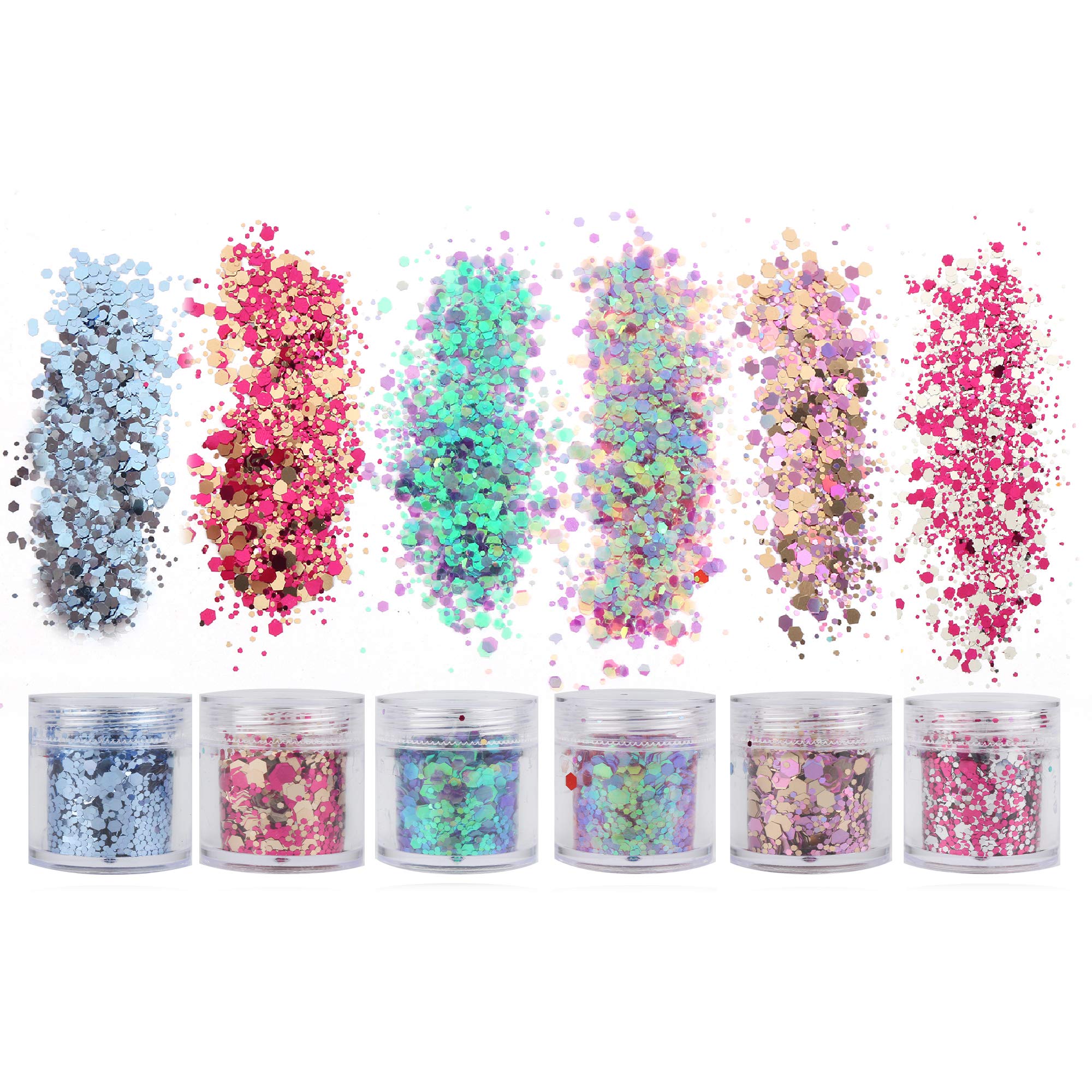 18 Boxes Holographic Cosmetic Festival Chunky Glitters Sequins, Nail Sequins Iridescent Flakes, Cosmetic Paillette Ultra-Thin Tips, for Body Face Hair Make Up Nail Art Mixed Color Glitter