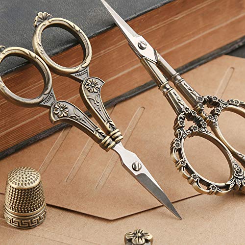 3 Pairs Vintage European Style Stainless Steel Precision Scissors, Thimble and Metal Floss Bobbin, Complete Vintage Sewing Tools for Embroidery, Sewing, Craft, Art Work, Cutting(Bronze）