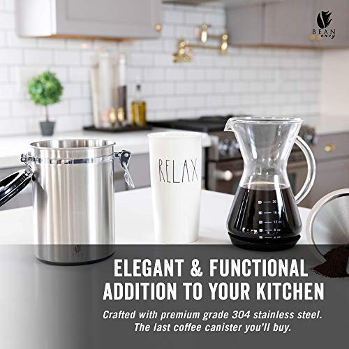 Bean Envy Coffee Canister - 22.5 oz Coffee Storage Container and Organizer w/Stainless Steel Scoop, Date Tracker & Co2-Release Valve - Essential Coffee Accessories, Steel