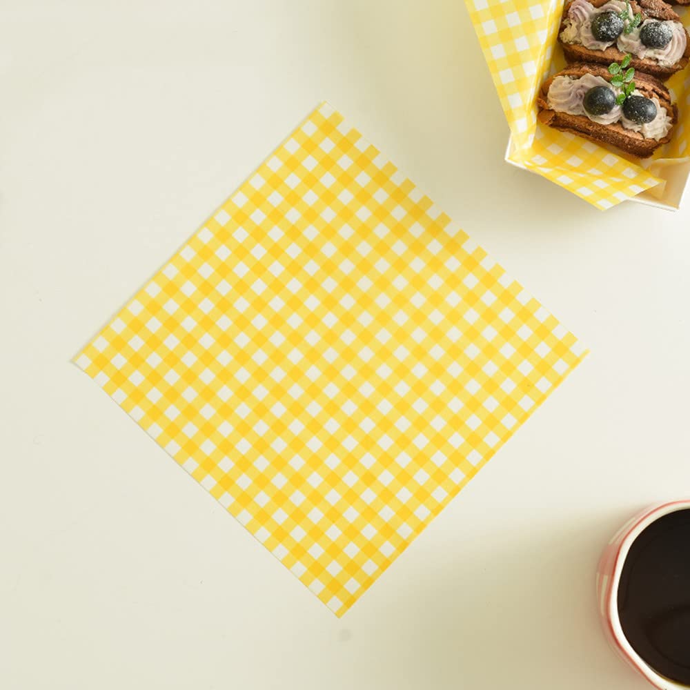 100Pcs Wax Paper Sheets for Food, Basket Liners Food Picnic Paper Sheets Greaseproof Deli Wrapping Sheets, 7 x 7 Inch (Yellow Checke)