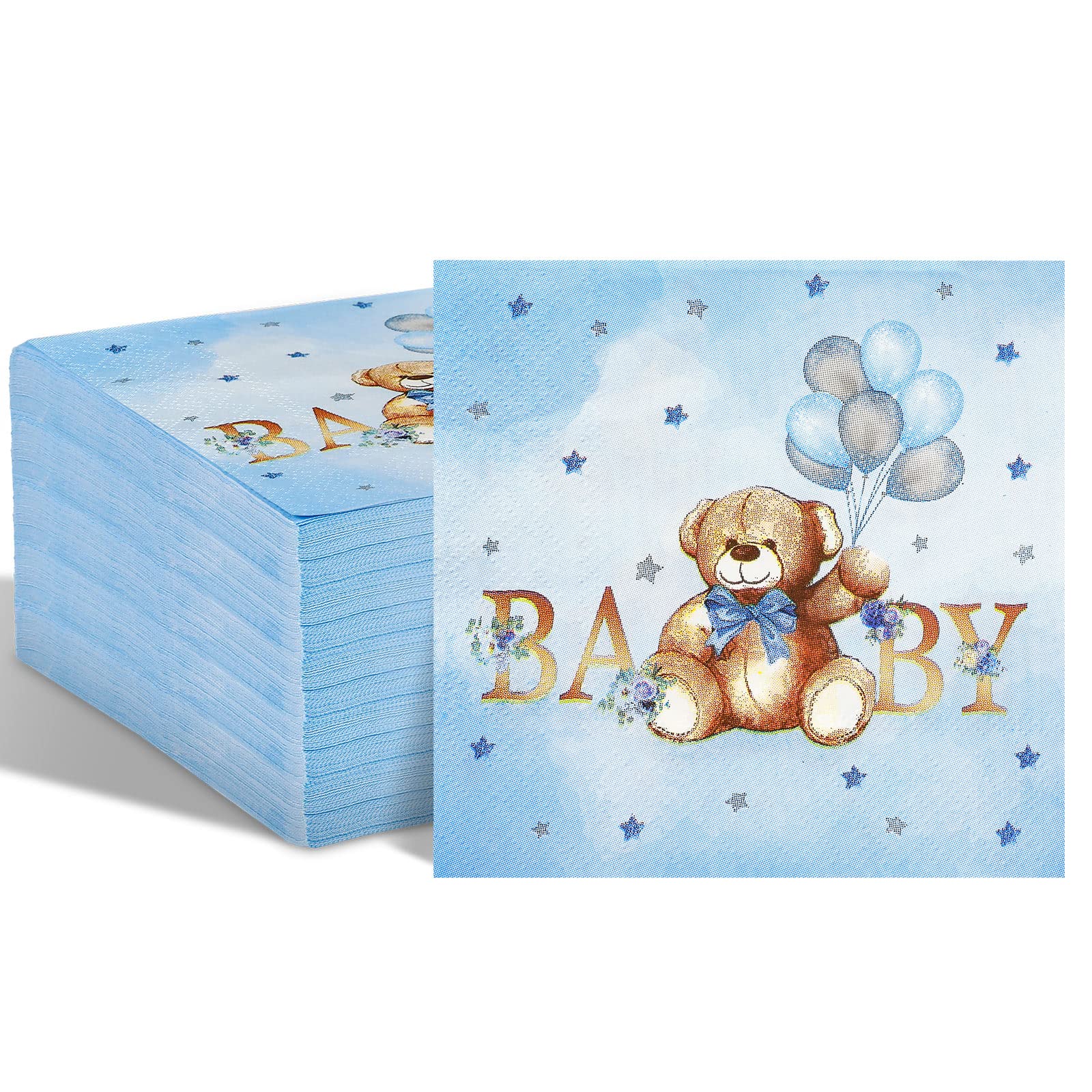 100 Pack Bear Baby Shower Napkins Square Bear 3 Ply Paper Napkins Blue Disposable Balloon Star Bear Cocktail Napkins for Baby Shower Gender Reveal Birthday Party Decorations, 5 x 5 Inch