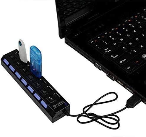 7-Port USB 2.0 Hub High Speed Power Cable with Blue LED Light Indicator ON/Off Sharing Switch Adapter for PC Laptop (Black)