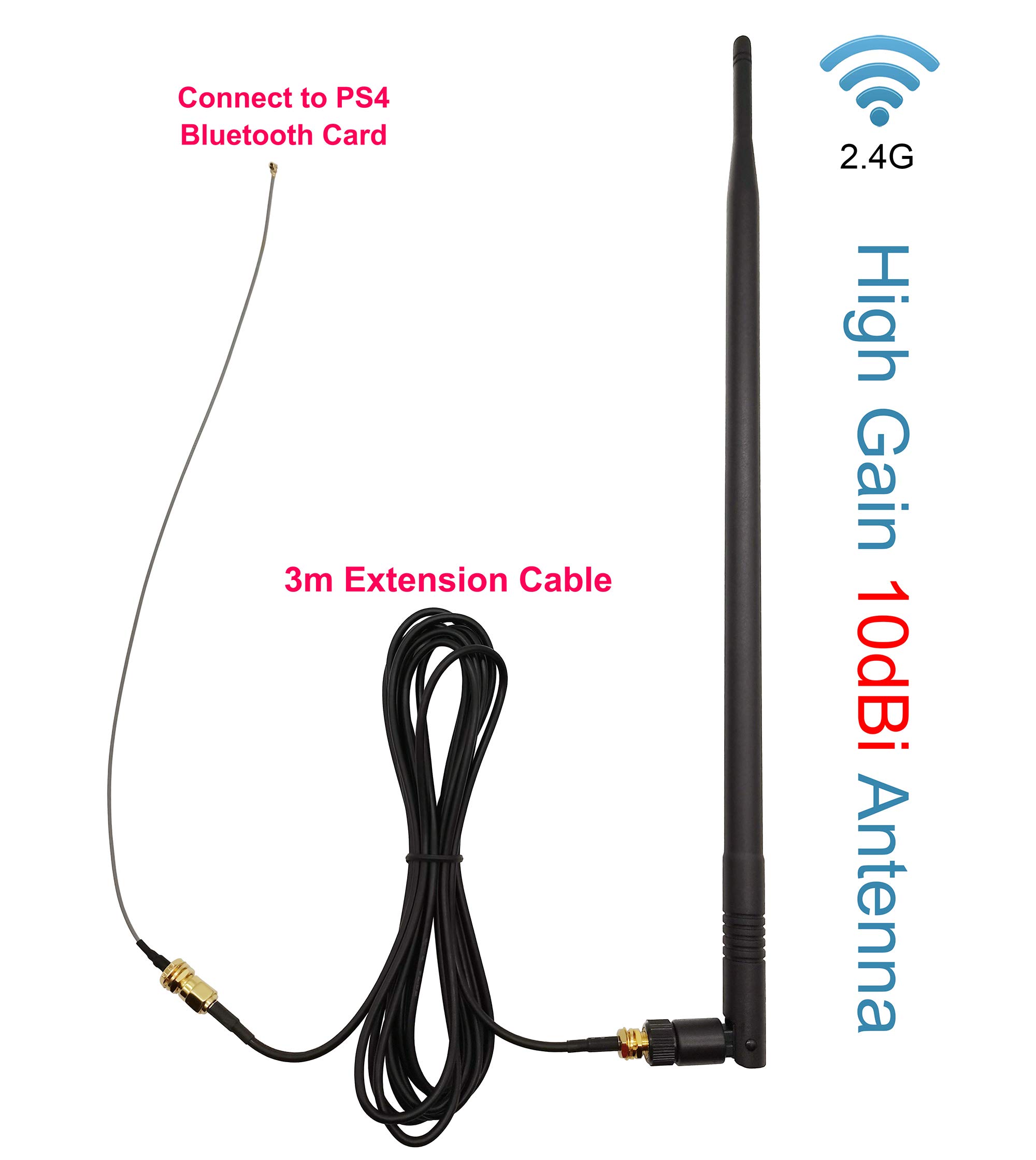 PS4 Antenna Upgrade Replacement Kit 10dBi 2.4GHz Long Range Extender BT WiFi Antenna + 10in U.FL to RP-SMA Cable for Mini PCIe Card + RP SMA Extension Cable 10ft