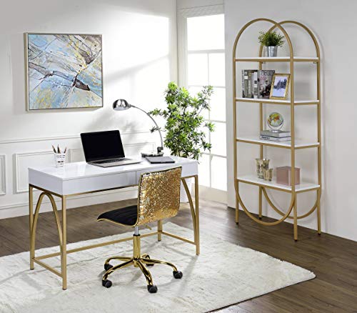 Acme Furniture Lightmane Desk, White High Gloss & Gold