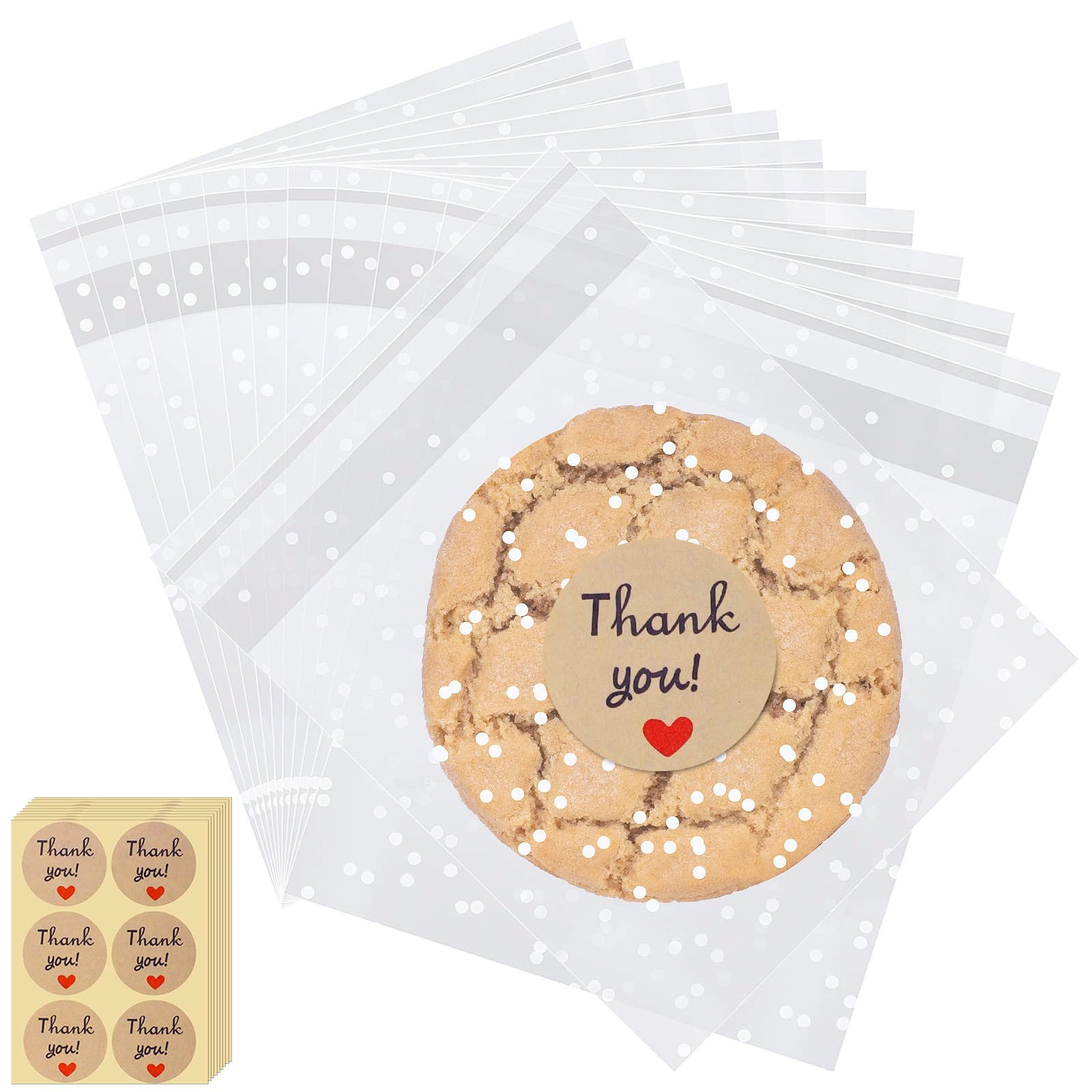 100PCS White Polka Dot Treat Bags Self Adhesive Candy Cookie Bags for Gift Giving with Stickers(3.94 x 3.94 Inches)