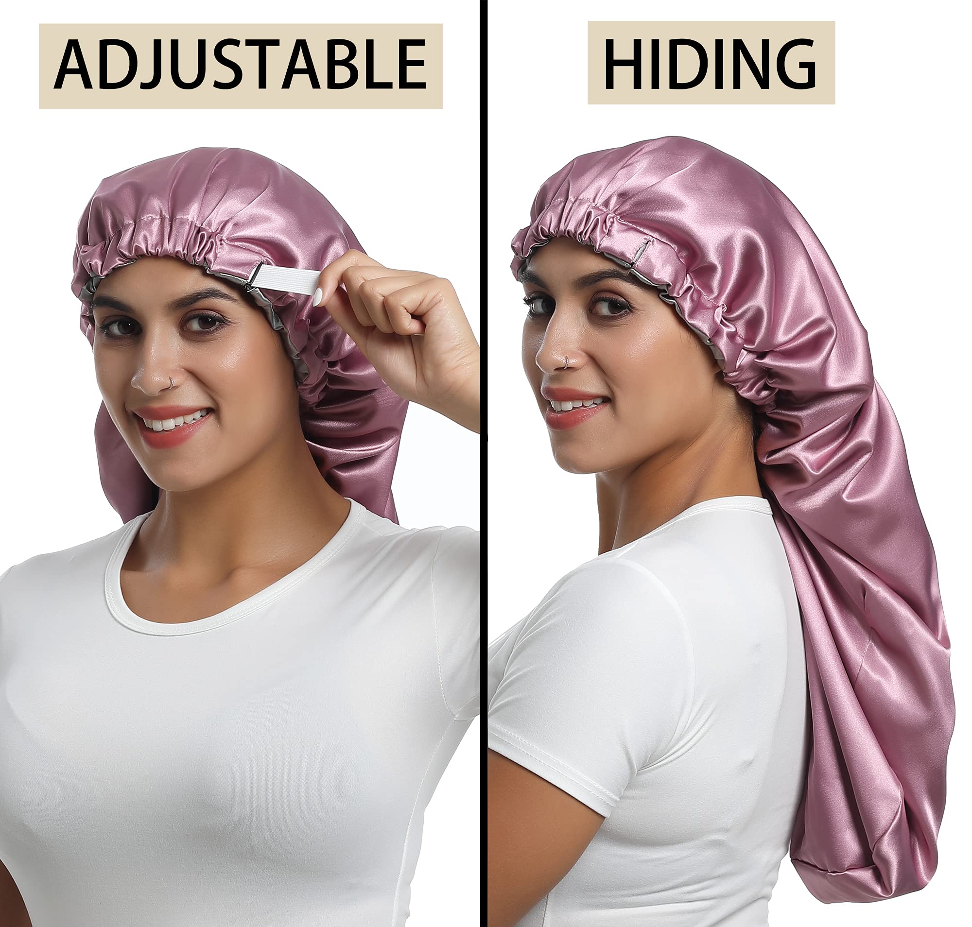 SAYMRE Satin Bonnet Silky Sleep Cap,Adjustable Hair Bonnet for Braids Curly Hair (Long Size, Long Champagne)