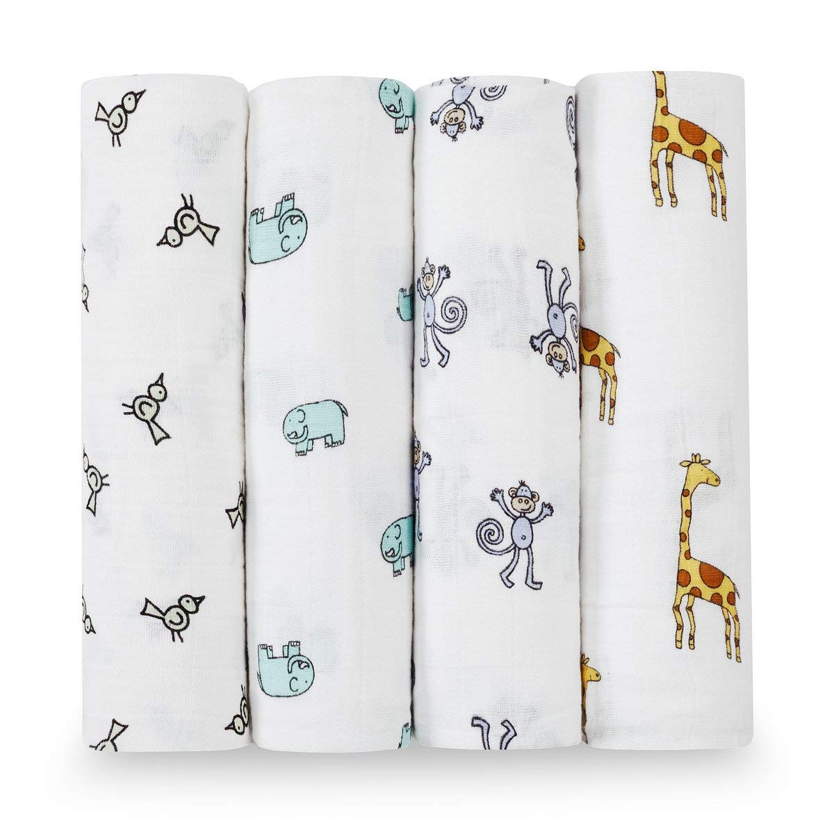 aden + anais Jungle Jam Bundle - Classic Swaddle Blanket 4 Pack - Comfort Knit Knotted Newborn Baby Gown and Hat - Classic Snap Baby Bib 3 Pack