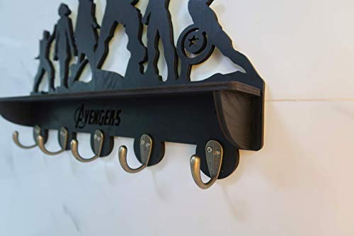 Awesome Avengers Superheroes Wall Mounted Wooden Key Hook Coat Rack,Farmhouse Mounted Coat Rack and Upper Shelf for Storage,with 5 Dual Vintage Durable Metal Hooks