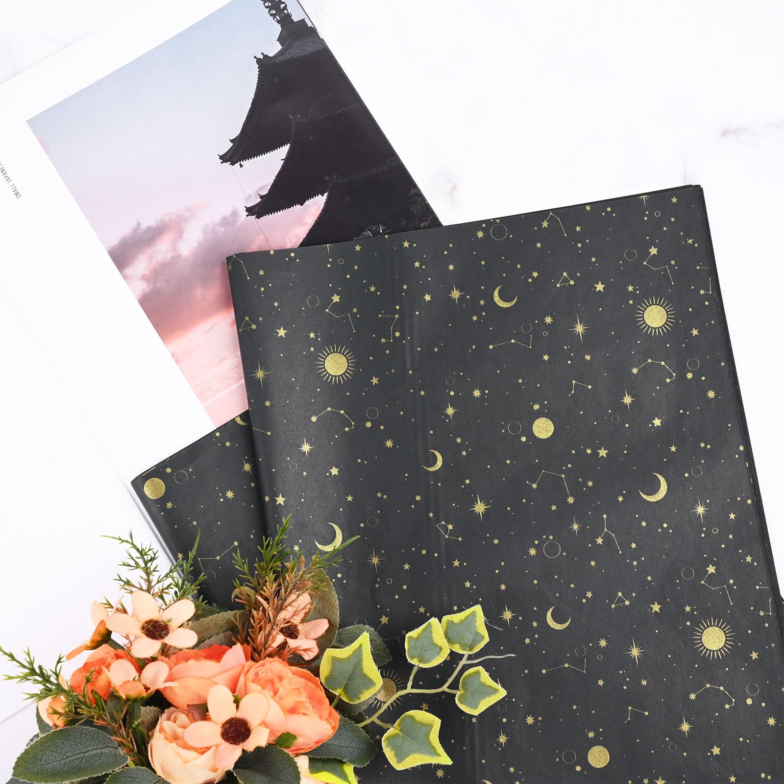 100 Sheets 20 * 14 Inches Galaxy Tissue Paper for Gift Wrapping, Black Gold Moon Star Printed Tissue Paper for Gift Bags for Birthday Christmas Baby Shower DIY Craft