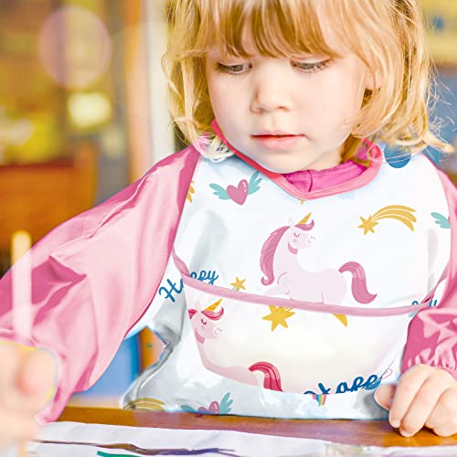 hahaland Long Sleeve Bibs for Babies 6-12-18-24 Months - Unicorns Baby Bibs for Girls Baby Shirt Bibs for Eating Feeding, Wearable Sleeved Smock Bibs with Food Catcher for Led Weaning (Pink)