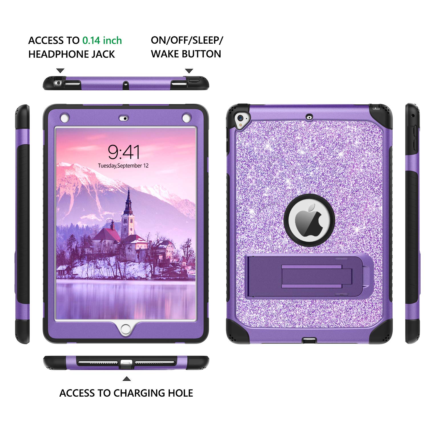 DUEDUE for iPad 9.7 Case 2017/2018, iPad Air 2 Case, iPad 6th/5th Generation Case with Kickstand Glitter Bling 3 in 1 Heavy Duty Hard PC Cover Shockproof Protective Case for iPad Pro 9.7, Purple