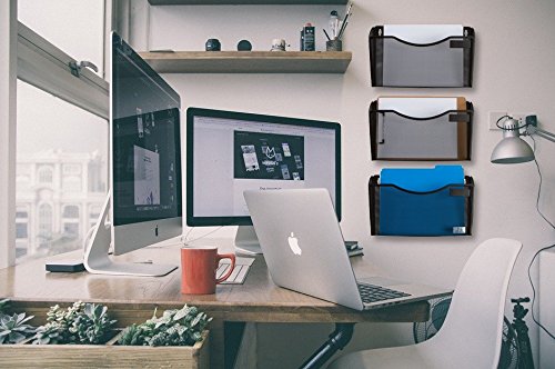 3 Pocket Wall Mount File Hanging Organizer, Metal Mesh Office Home Folder Binder Holder Magazine Mail Sorter Rack + Hardware, Black