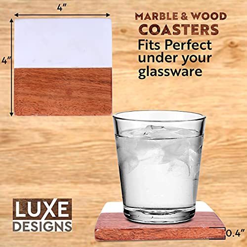 Acacia Wood & White Marble Coasters with Holder (4 Piece) β Square Absorbent Coasters For Drinks: Tea, Coffee, Wine & More β Fancy Half Marble Half Wood Coasters Set for Home & Kitchen Decor (4β x 4β)