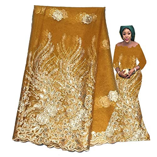 African Lace Fabrics 5 Yards Nigerian French Lace Fabric Blue with Sequins Flower Fashion Embroidered Beading and Sequin for Wedding Party Dresses (Yellow)