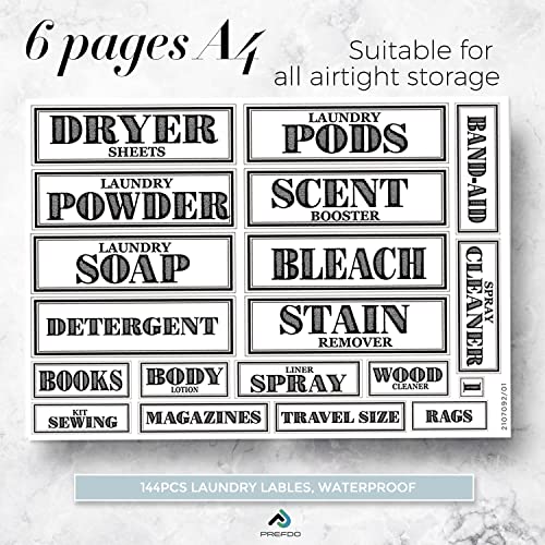 144 Laundry Room Labels for Containers, Prefdo Modern Farmhouse Waterproof Preprinted Canister Bin Stickers for Linen Closet and Laundryroom Organization(Black)
