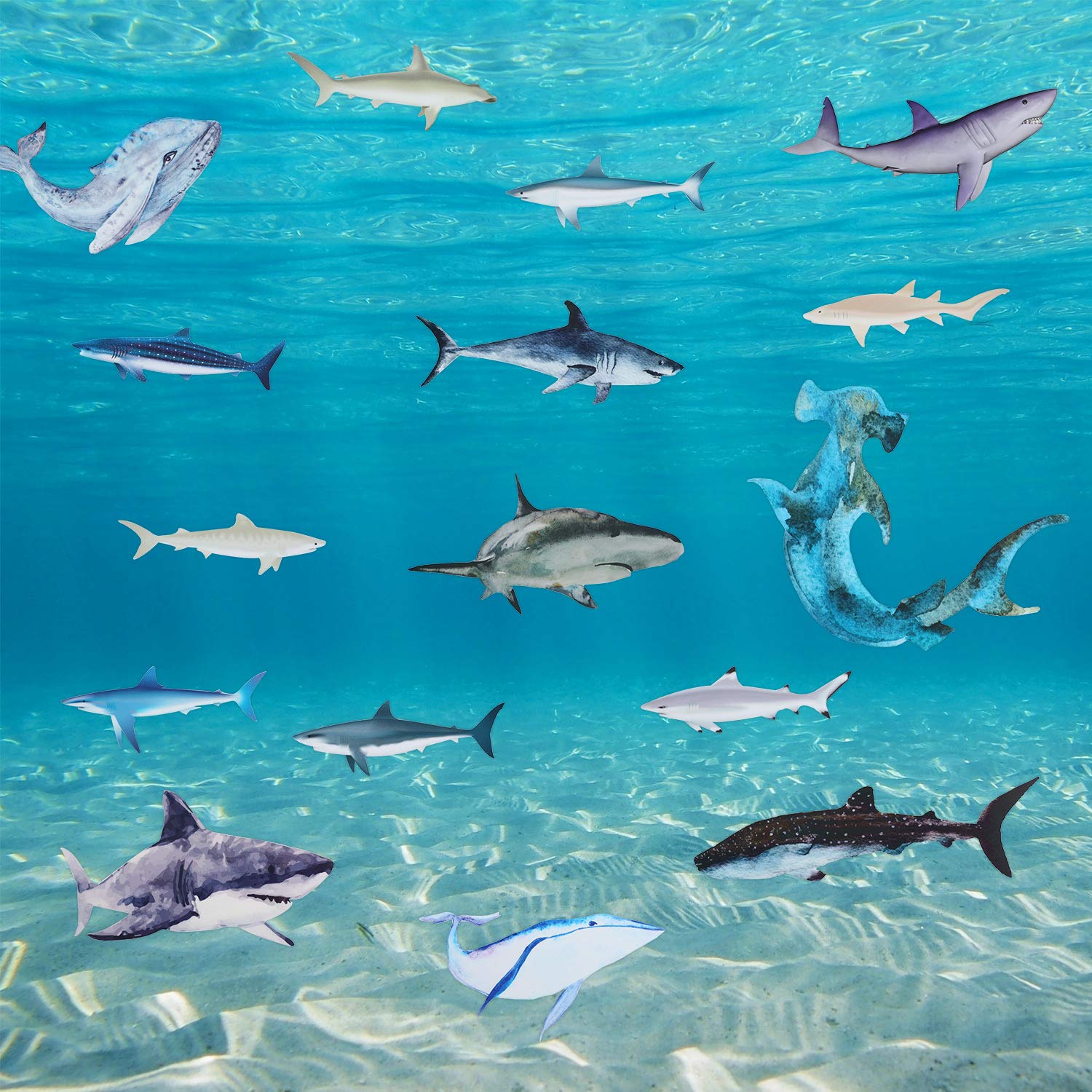 18 Pieces Sharks Peel Shark Wall Decals Removable Wall Stickers Animal Shark Decal Stickers Sea Theme Wall Decor Sticker for Room Bathroom Nursery Home Decor (Cute Style)