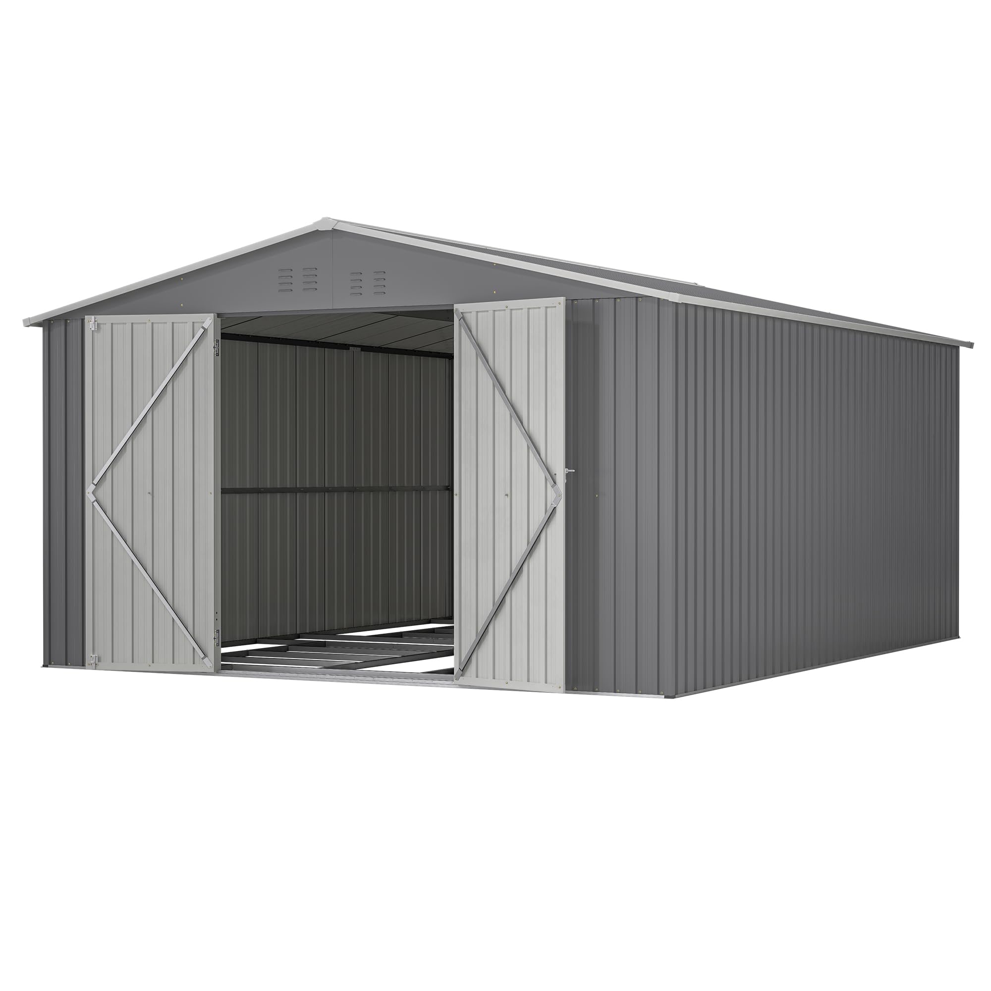 11' x 13' Outdoor Metal Storage Shed with Floor Frame Base, Galvanized Steel Garden Shed with 4 Vents, Tool Storage Shed for Backyard, Patio, Lawn